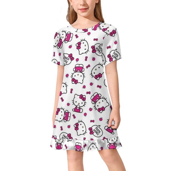 Hello Kitty Girls Short Sleeve Dress A Line Twirly Skater Dress Casual ...
