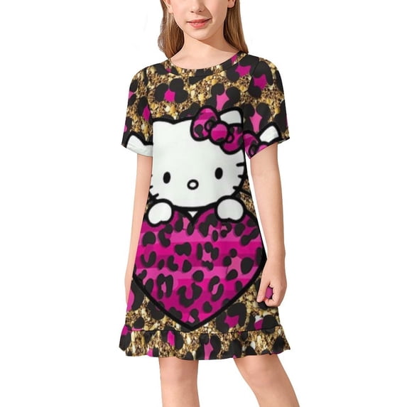 Hello Kitty Girls Short Sleeve Dress A Line Twirly Skater Dress Casual ...
