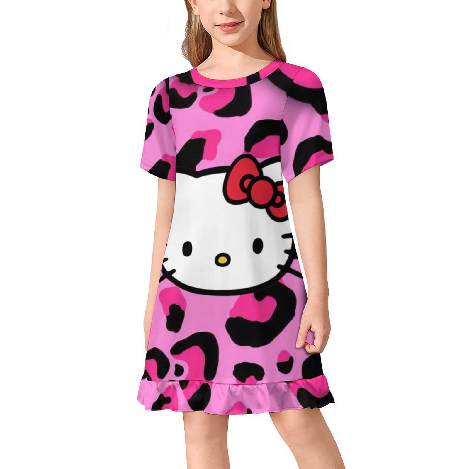 Hello Kitty Girls Short Sleeve Dress A Line Twirly Skater Dress Casual ...