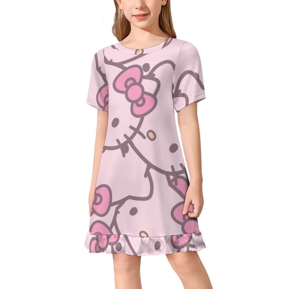 Hello Kitty Girls Short Sleeve Dress A Line Twirly Skater Dress Casual ...