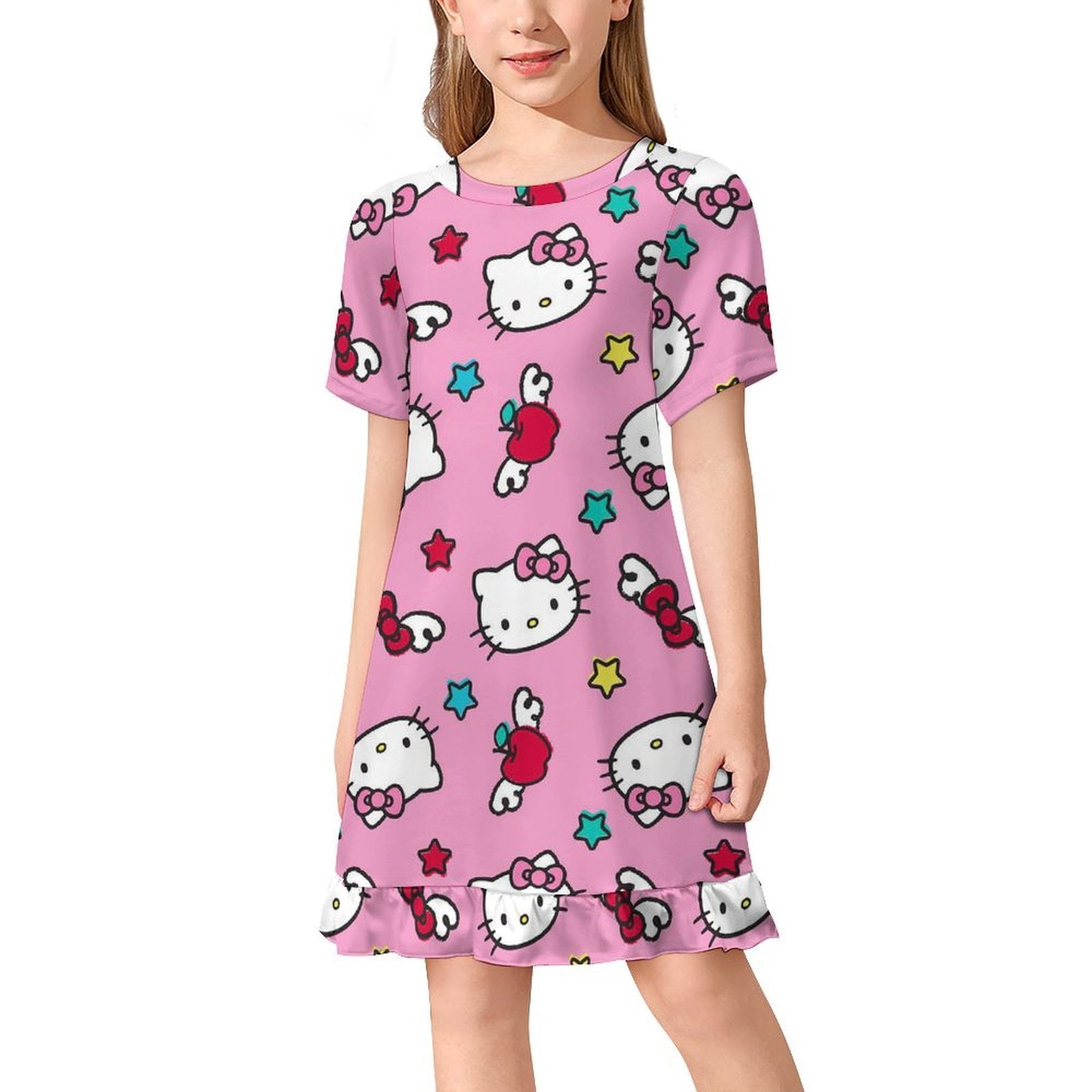 Hello Kitty Girls Short Sleeve Dress A Line Twirly Skater Dress Casual ...