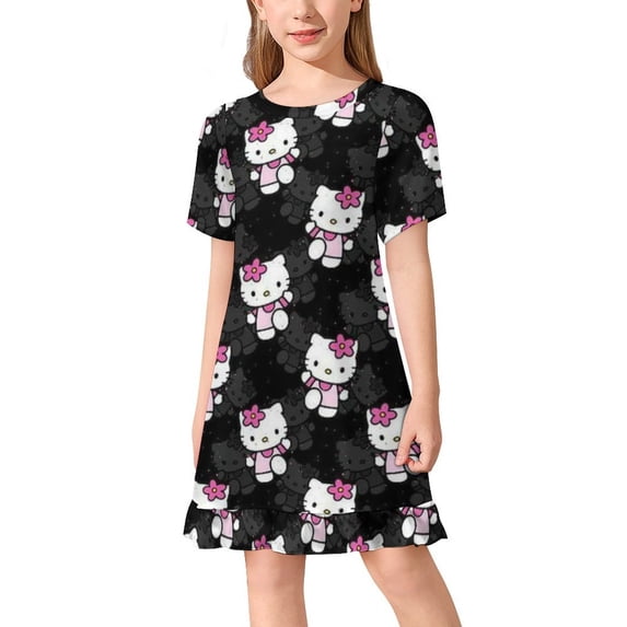 Hello Kitty Girls Short Sleeve Dress A Line Twirly Skater Dress Casual ...