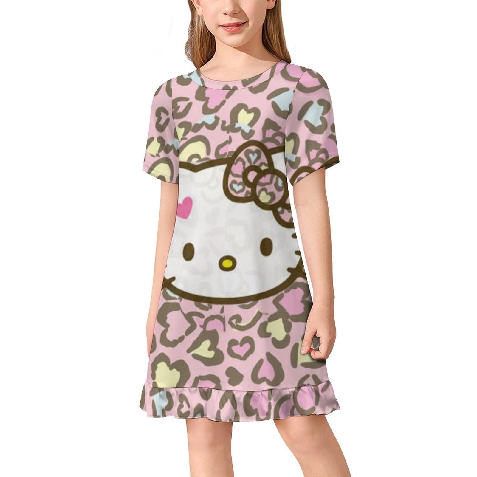 Hello Kitty Girls Short Sleeve Dress A Line Twirly Skater Dress Casual ...