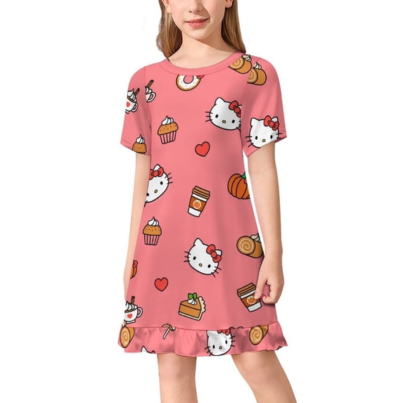Hello Kitty Girls Short Sleeve Dress A Line Twirly Skater Dress Casual ...
