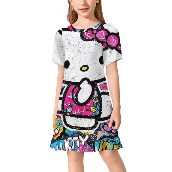 Hello Kitty Girls Short Sleeve Dress A Line Twirly Skater Dress Casual ...
