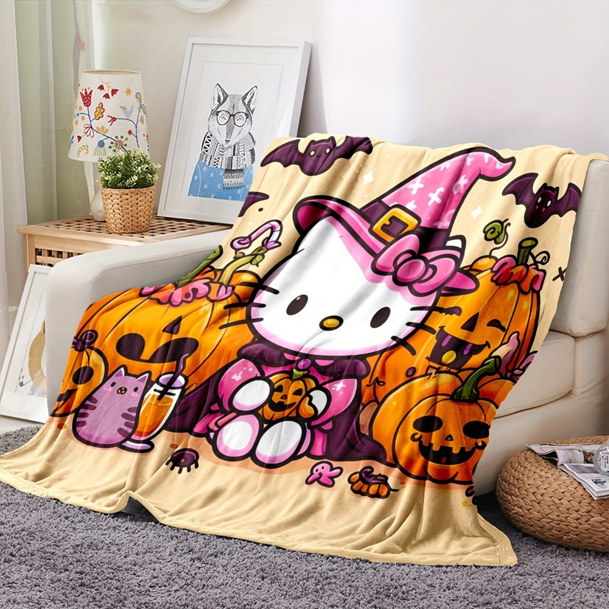 Hello Kitty Halloween Pumpkin Throw Blanket 60"x80" Cartoon Character Cozy Flannel, All Season ...