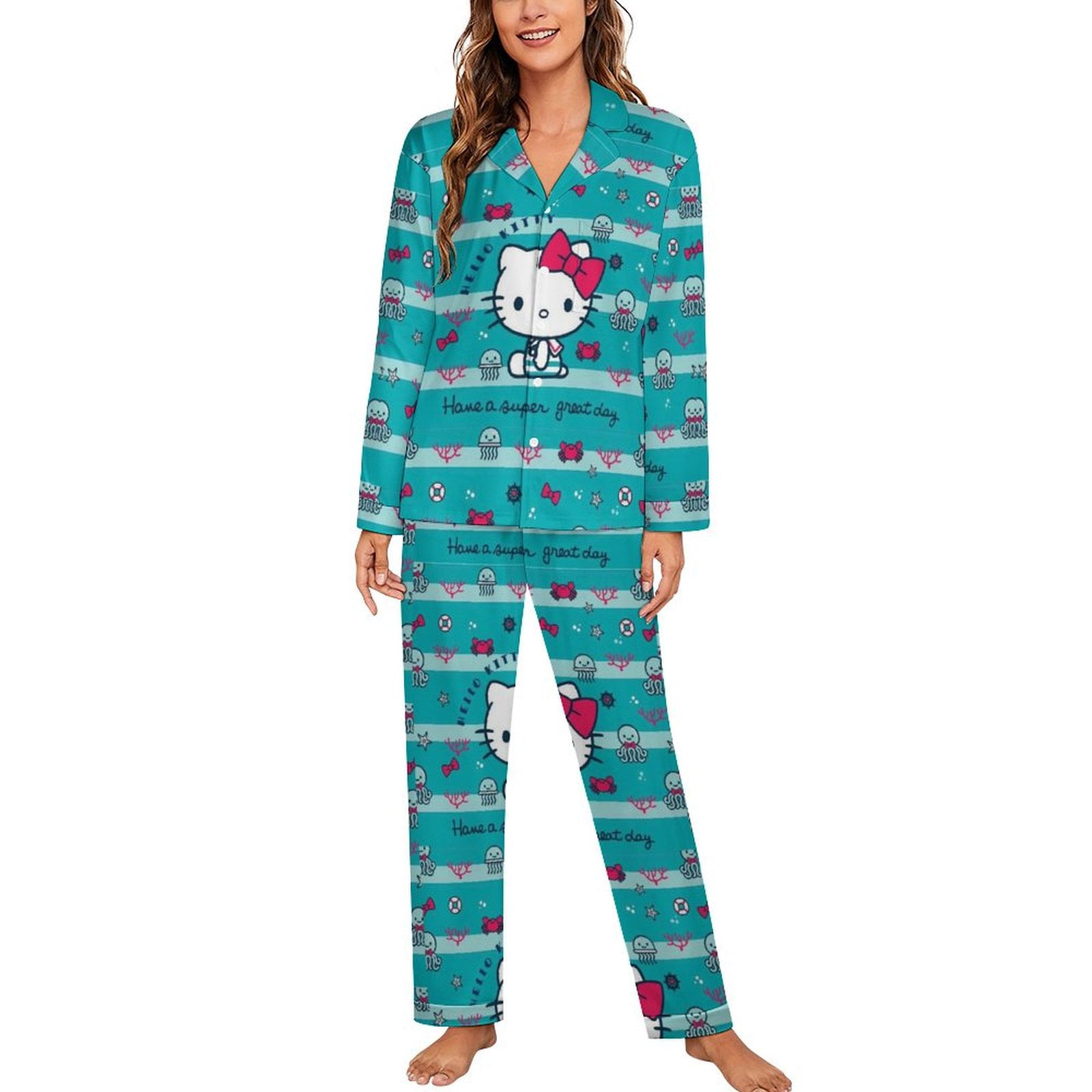 Hello Kitty Have A Super Great Day Womens Silk Satin Pajamas Set Button ...