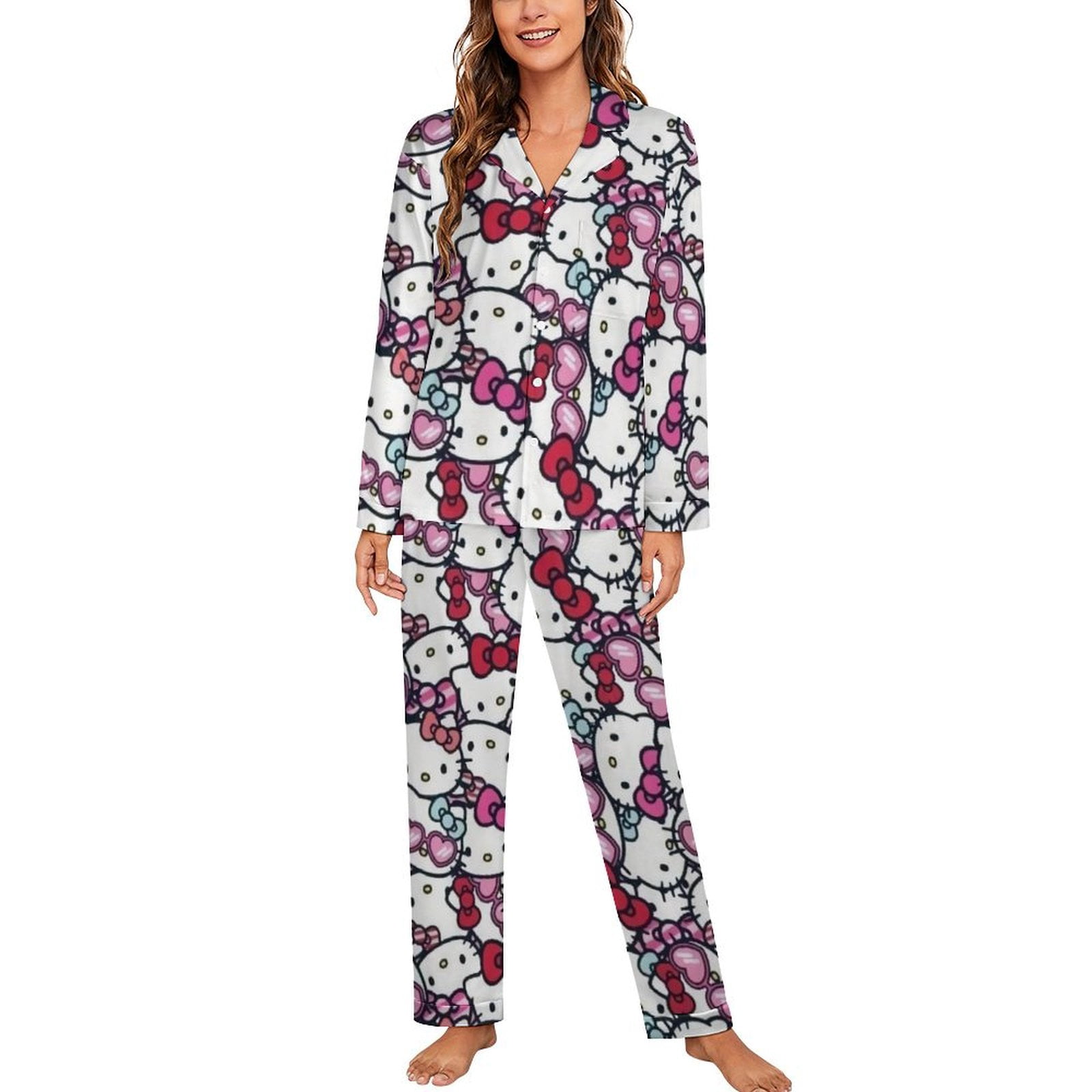 Hello Kitty Head Womens Silk Satin Pajamas Set Button Down 2 Piece Pjs ...