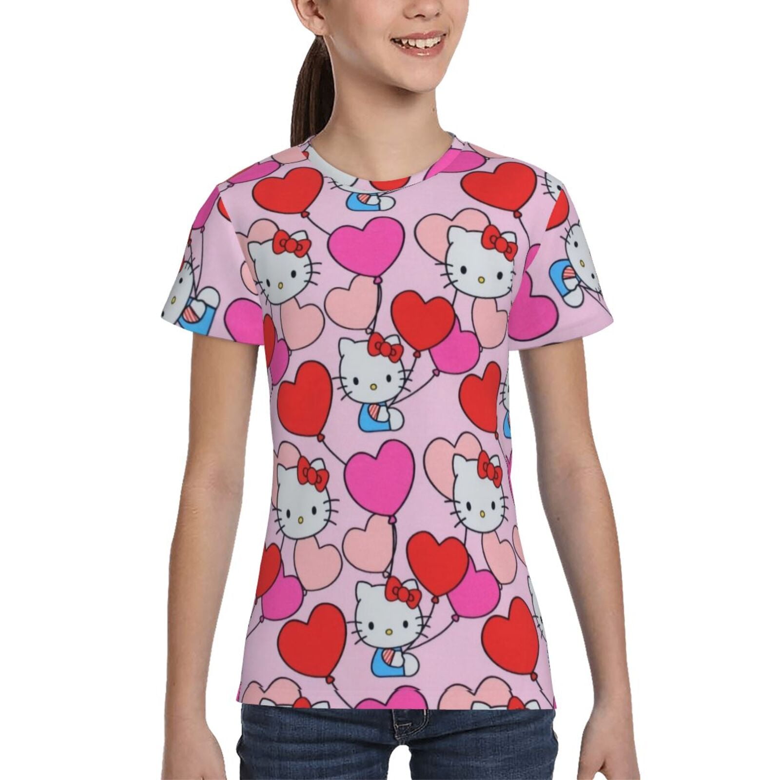 Hello Kitty Heart Balloon Girls Short Sleeve T-Shirt Crewneck T Shirts ...