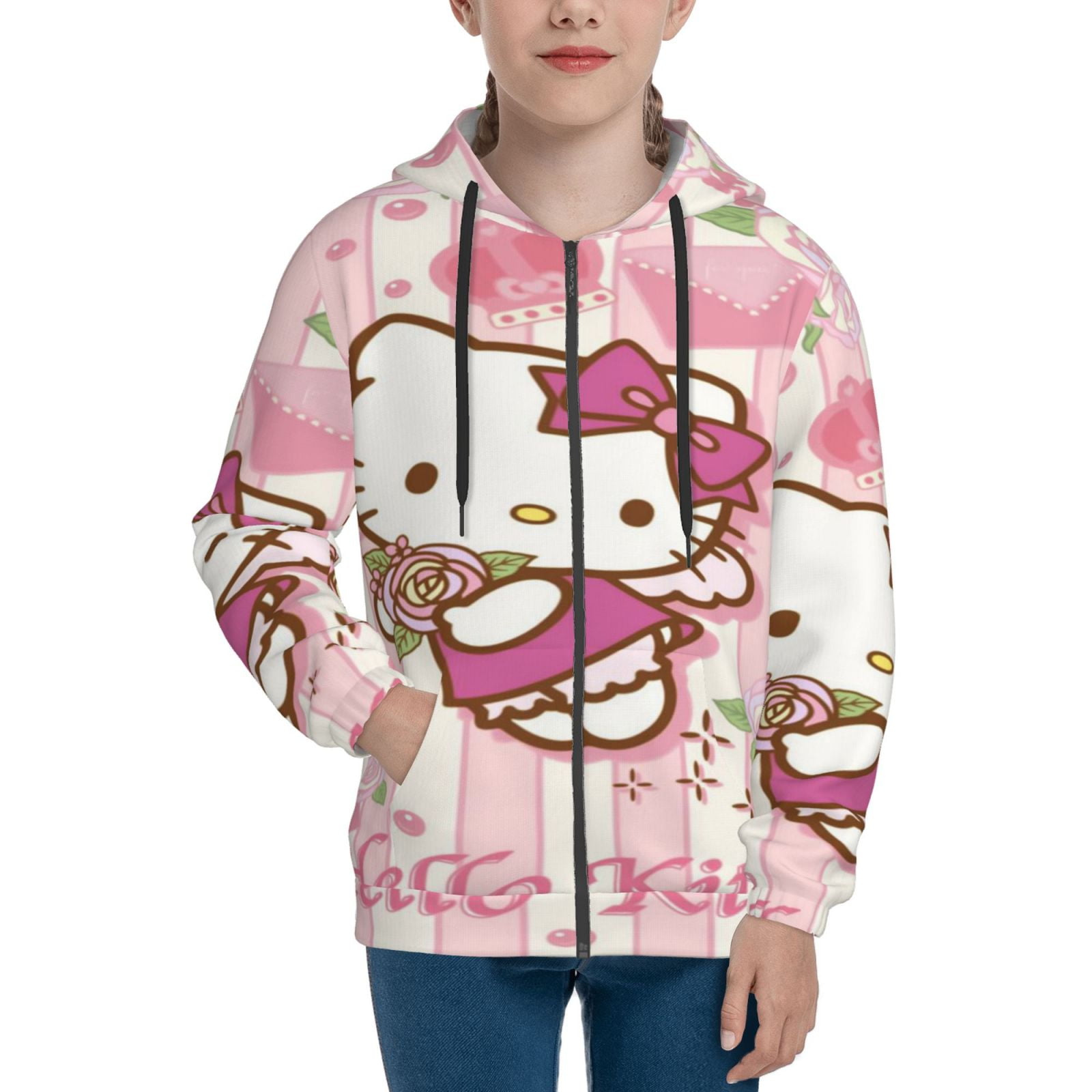 Hello Kitty Hoodies Novelty Zipper Hooded Sweater Casual Warm Jackets ...