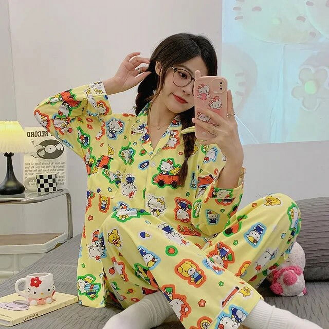 Hello Kitty Kawaii Sanrio Pajamas Spring Autumn Cartoon Thin Pajamas ...