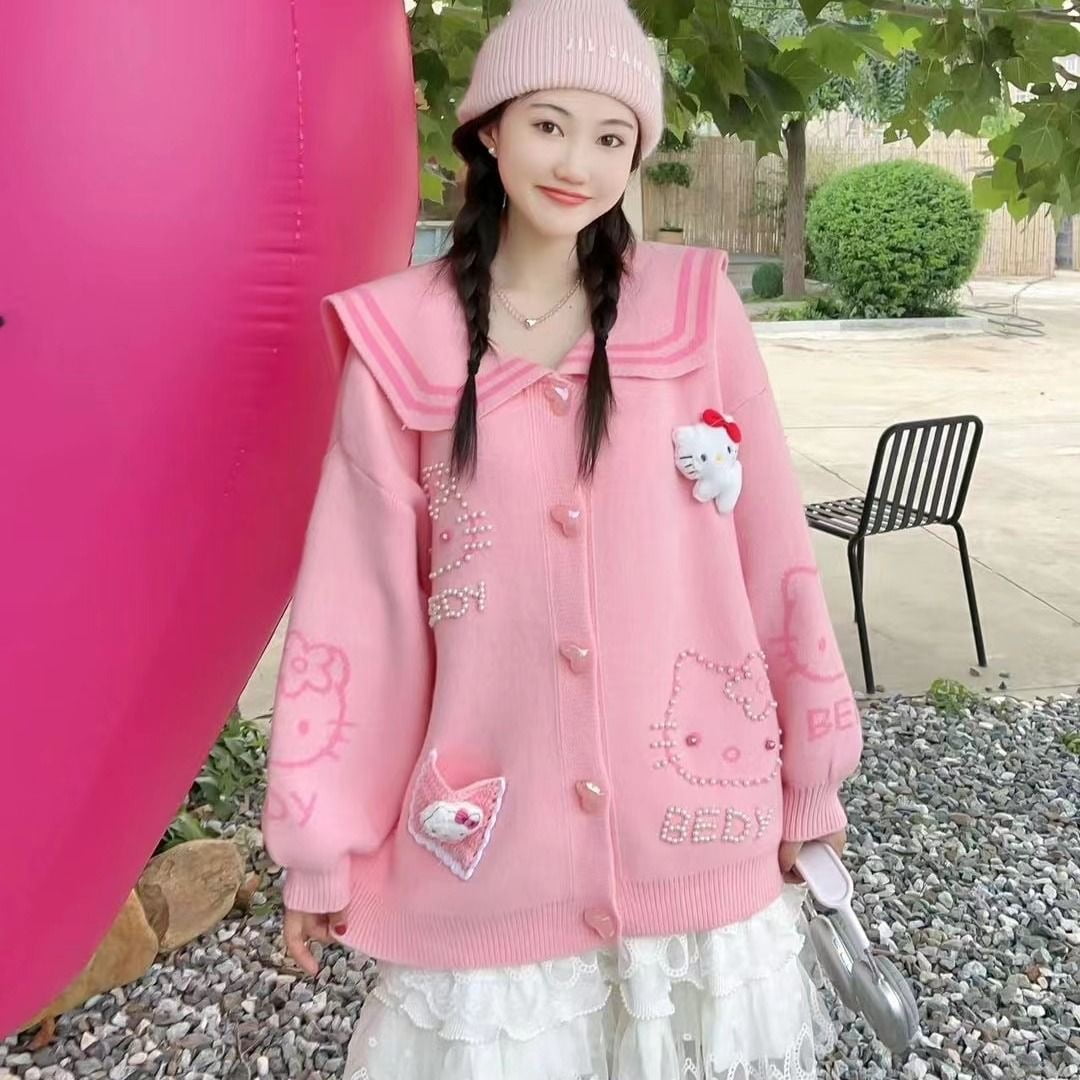 Hello Kitty Kawaii Women Cardigan Sweater Sanrioed Anime Cartoon Spring ...