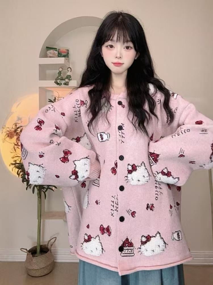 Hello Kitty Kawaii Women Cardigan Sweater Sanrioed Anime Cartoon Spring ...