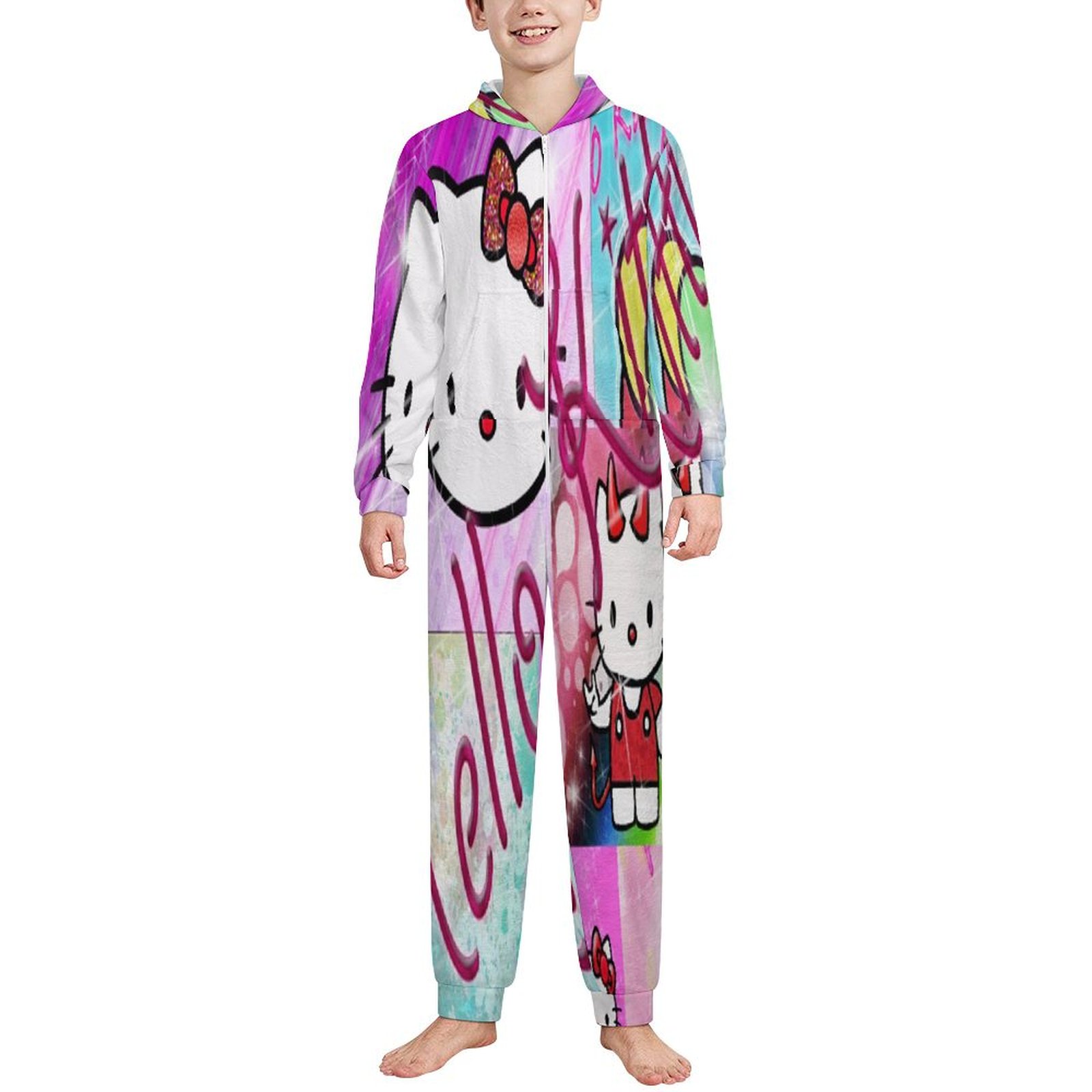 Hello_Kitty Kids Onesie Pajamas, Boys Girls Long Sleeve Zip Up Hooded Blanket Sleeper, One Piece ...