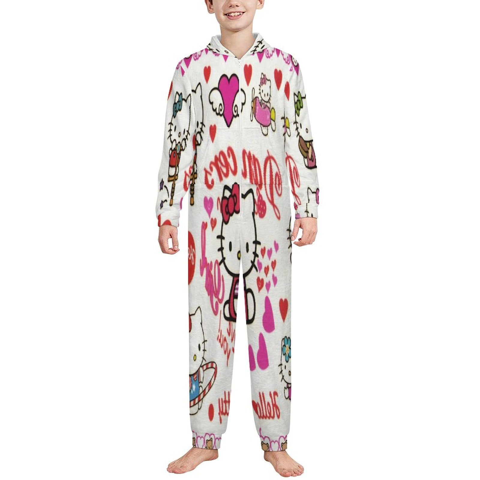 Hello_Kitty Kids Onesie Pajamas, Boys Girls Long Sleeve Zip Up Hooded Blanket Sleeper, One Piece ...