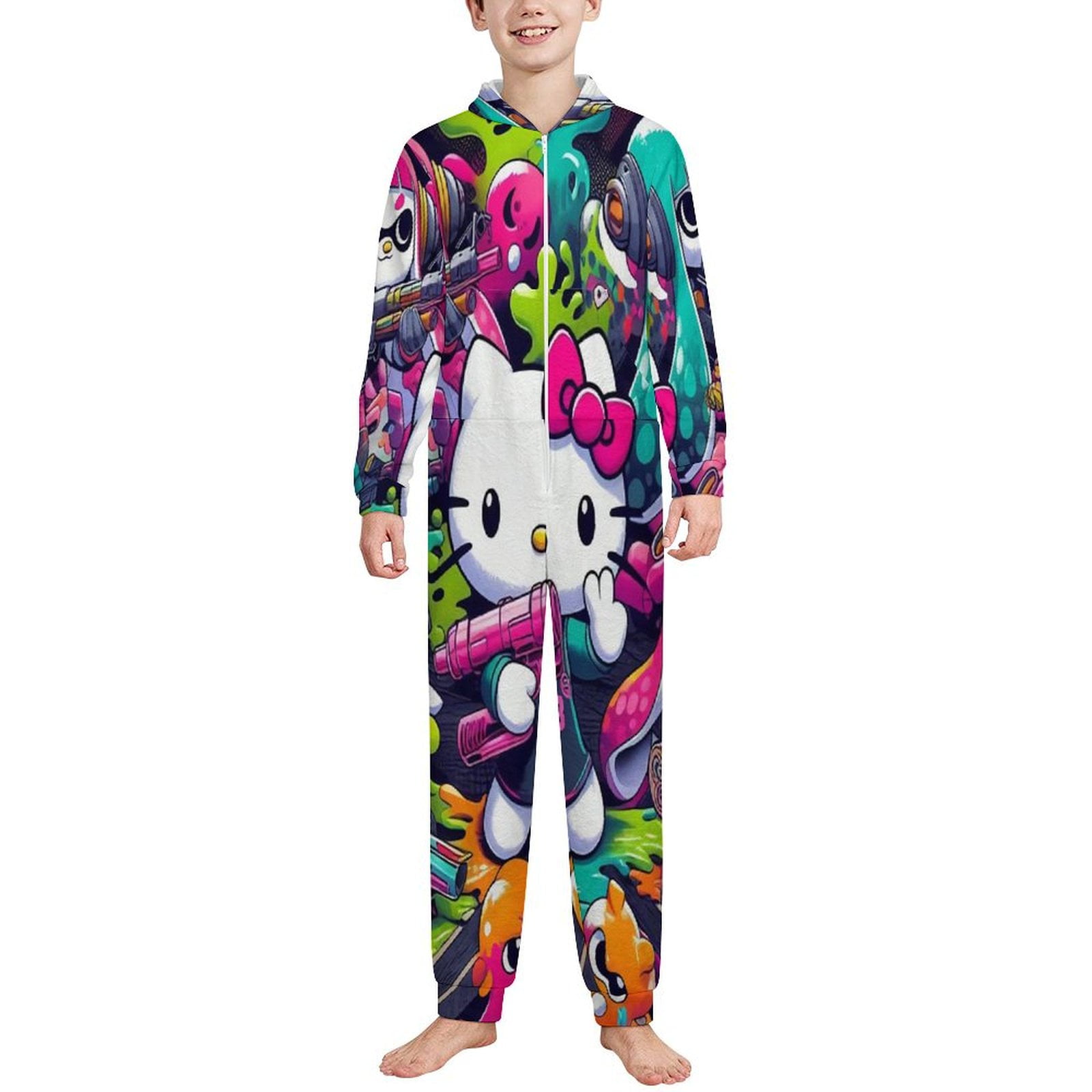 Hello_Kitty Kids Onesie Pajamas, Boys Girls Long Sleeve Zip Up Hooded Blanket Sleeper, One Piece ...