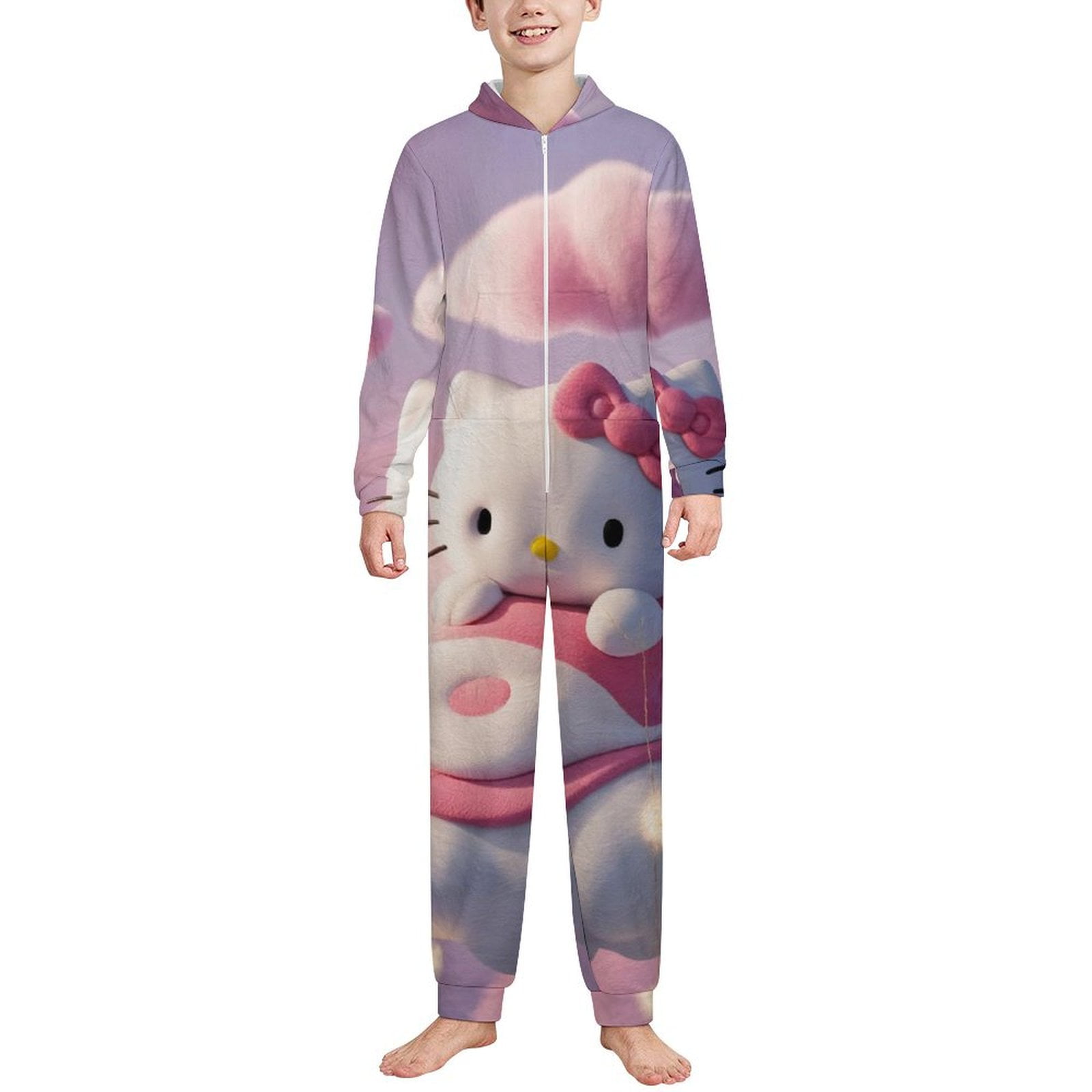 Hello_Kitty Kids Onesie Pajamas, Boys Girls Long Sleeve Zip Up Hooded Blanket Sleeper, One Piece ...
