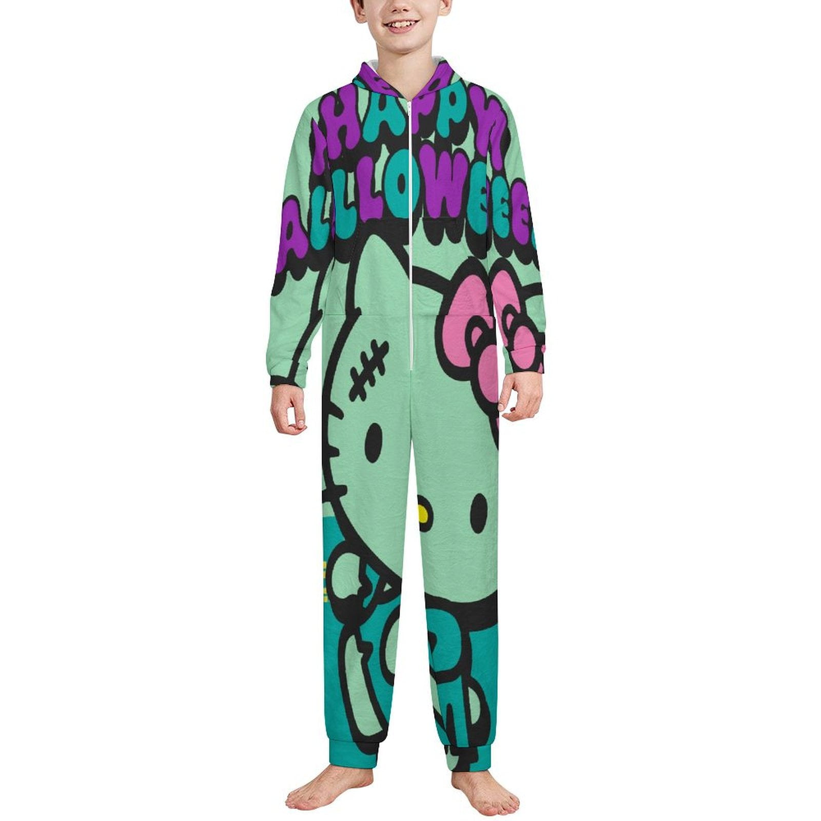 Hello_Kitty Kids Onesie Pajamas, Boys Girls Long Sleeve Zip Up Hooded Blanket Sleeper, One Piece ...