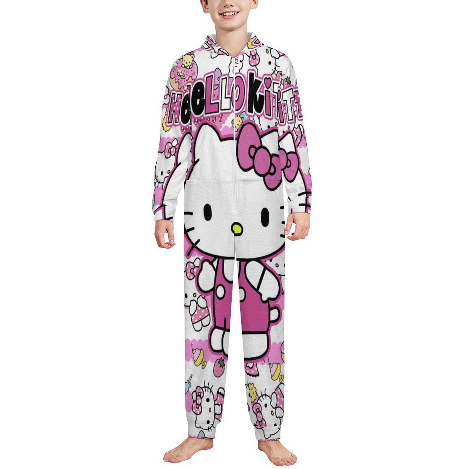 Hello_Kitty Kids Onesie Pajamas, Boys Girls Long Sleeve Zip Up Hooded Blanket Sleeper, One Piece ...