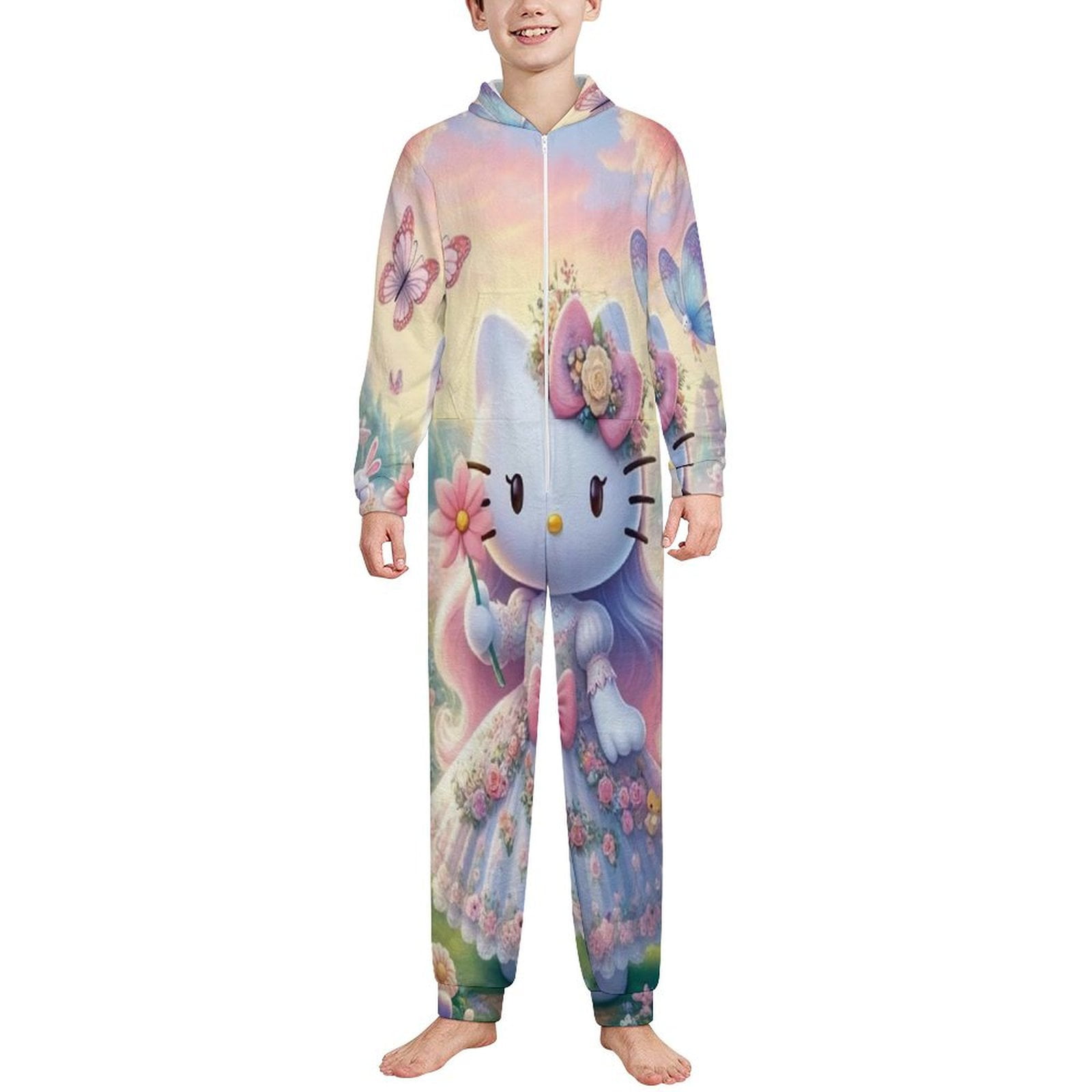 Hello_Kitty Kids Onesie Pajamas, Boys Girls Long Sleeve Zip Up Hooded Blanket Sleeper, One Piece ...