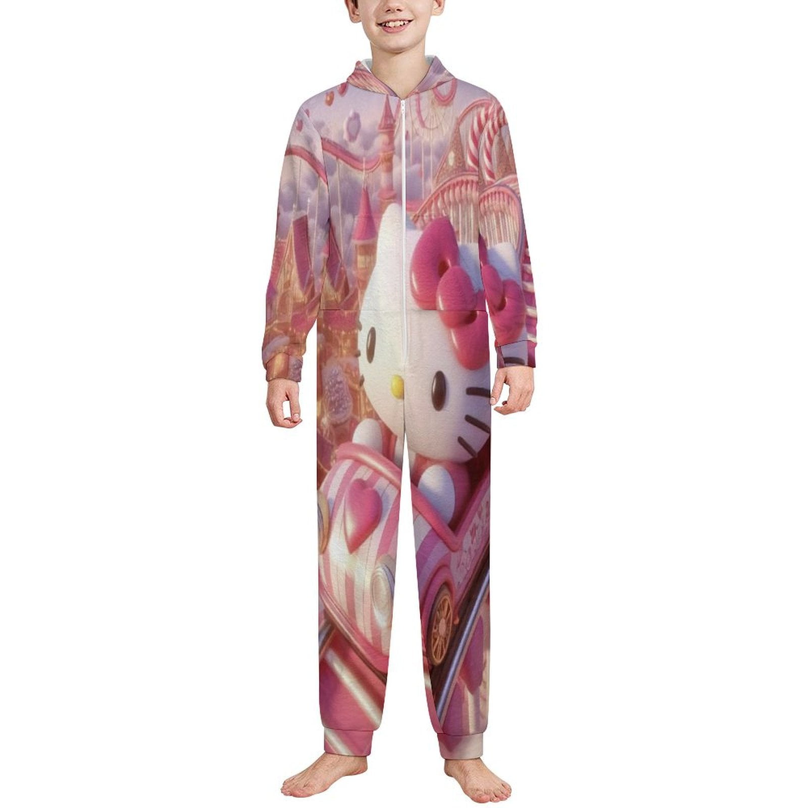 Hello_Kitty Kids Onesie Pajamas, Boys Girls Long Sleeve Zip Up Hooded Blanket Sleeper, One Piece ...