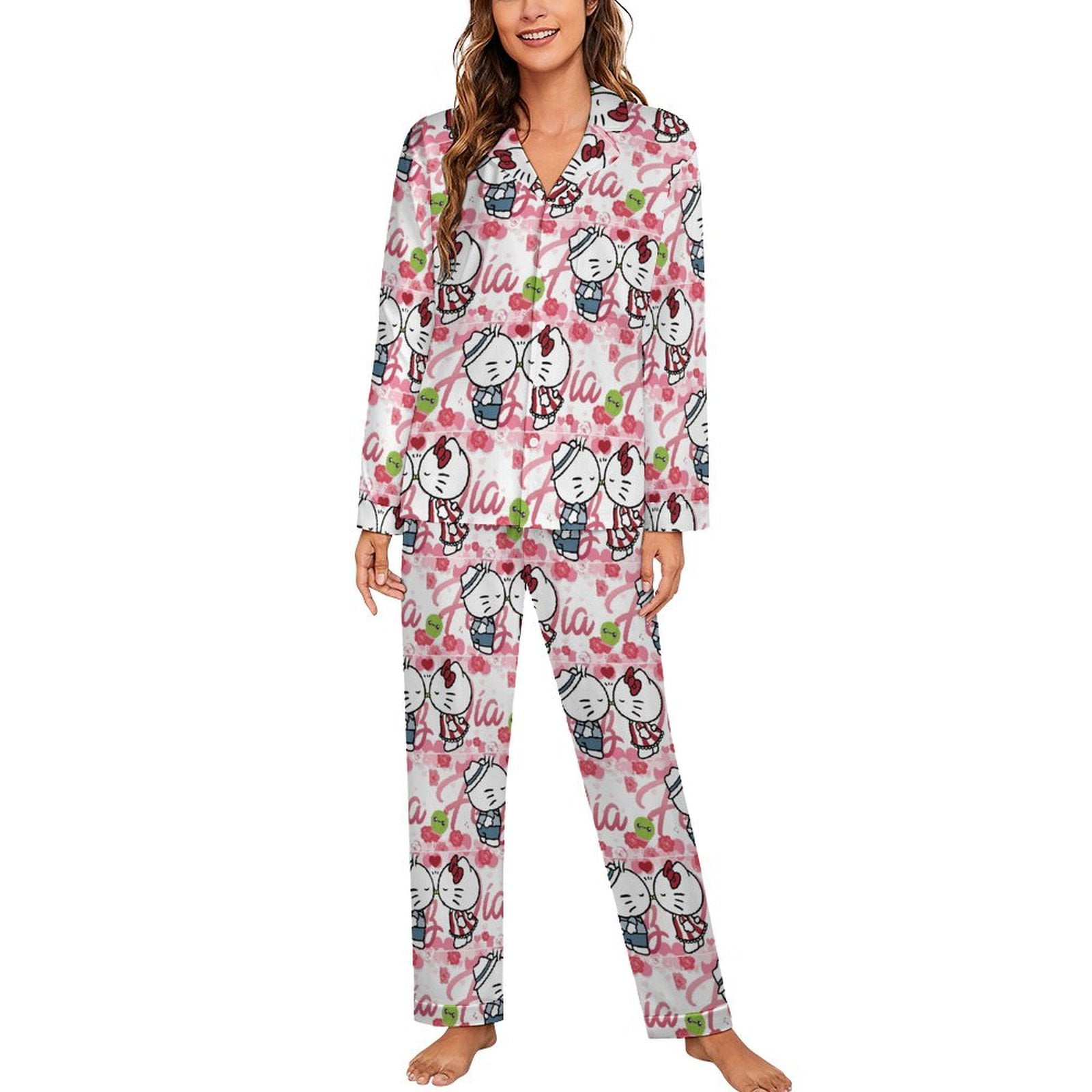 Hello Kitty Kiss Womens Pajama Sets Cotton Pj Set Cute Long Sleeve ...