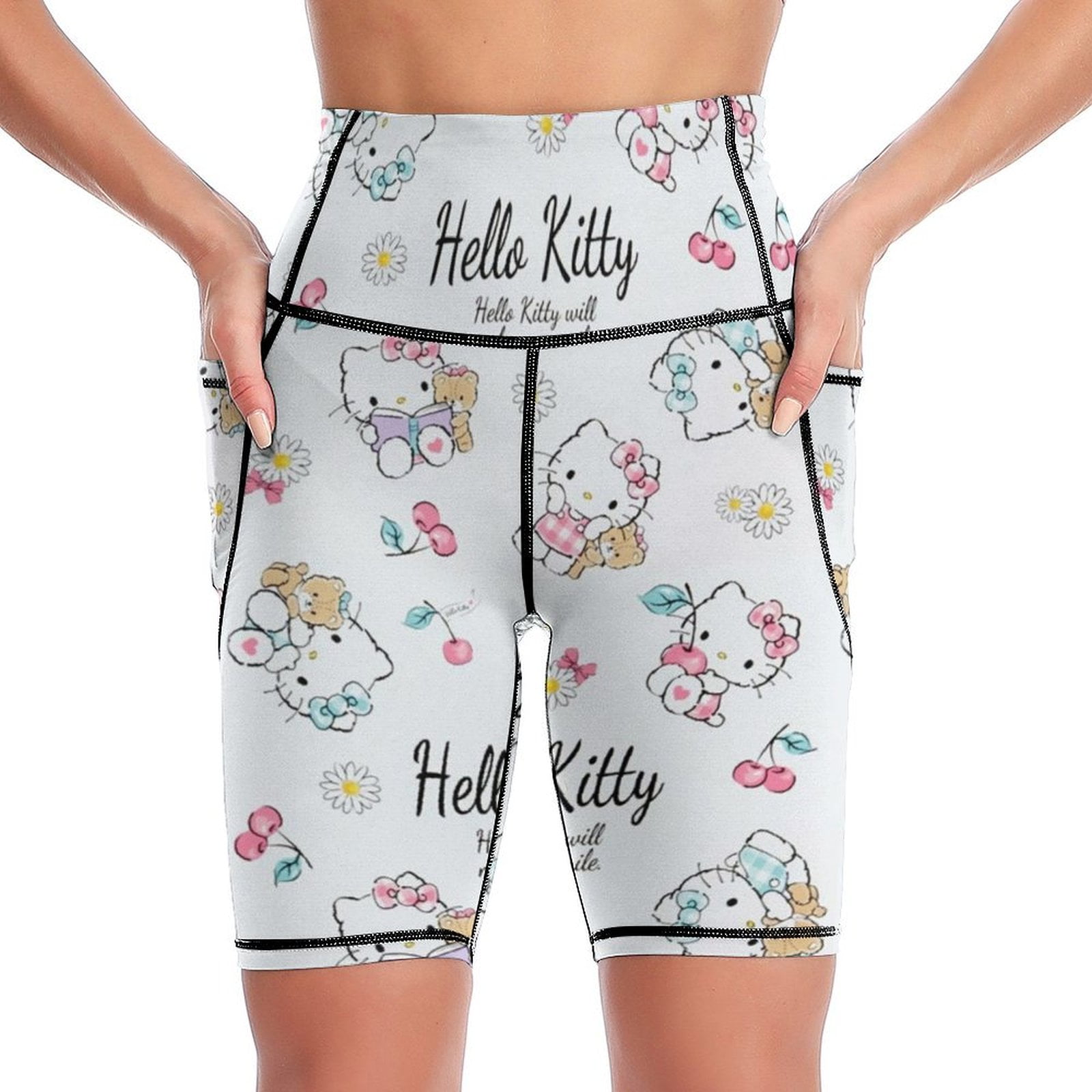 Hello Kitty Knee-Length Yoga Shorts for Women Tummy Control High ...