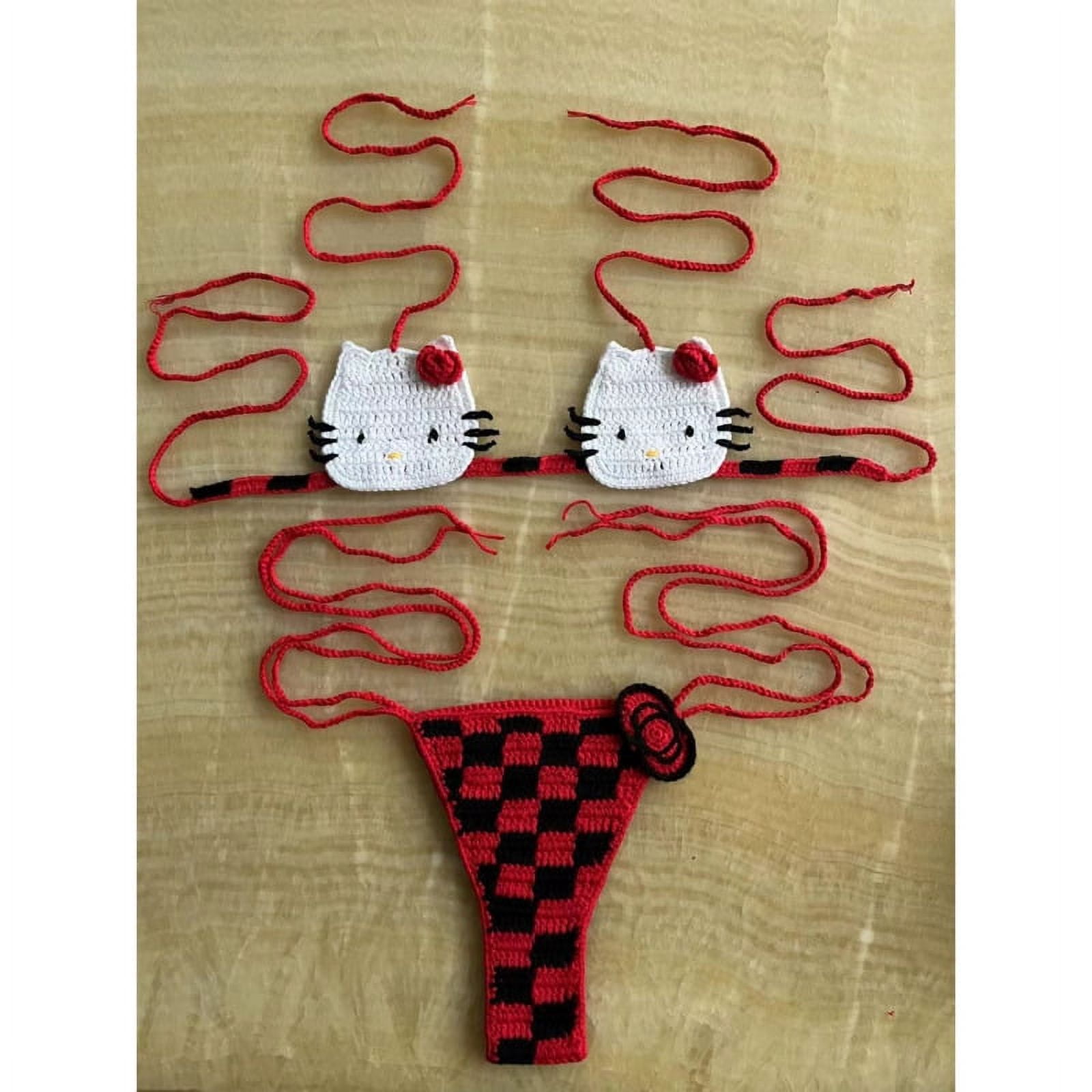 Hello Kitty Knitting Sexy Bikini Set Bowknot Lace Up Y2k Swimming Suit ...