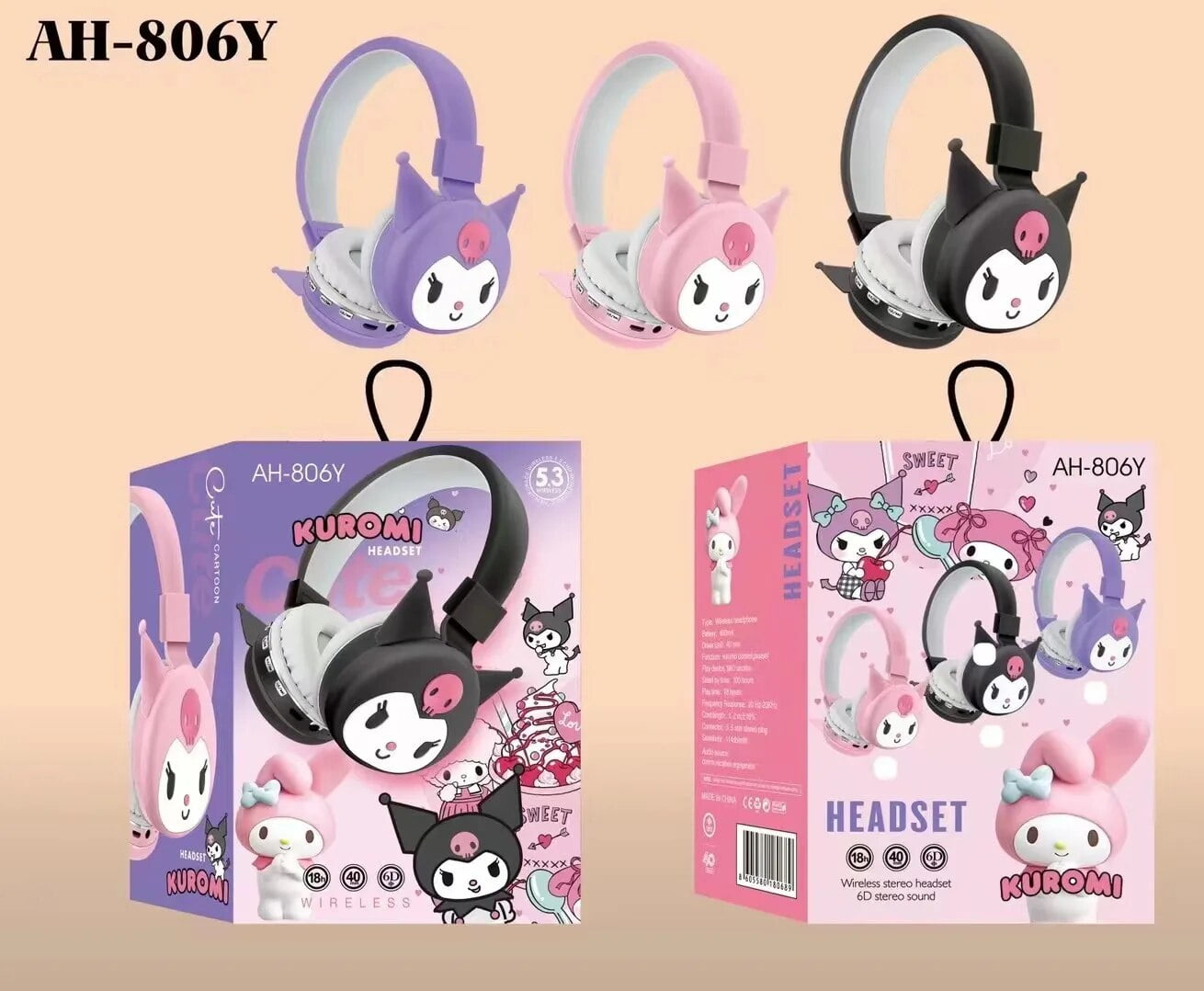 Hello Kitty Kuromi Bluetooth Headphone Sanrio Wireless Headsets Cartoon ...
