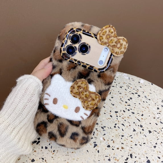 Hello Kitty Leopard Print Warm Plush Phone Case for iPhone 17 16 15 14 ...
