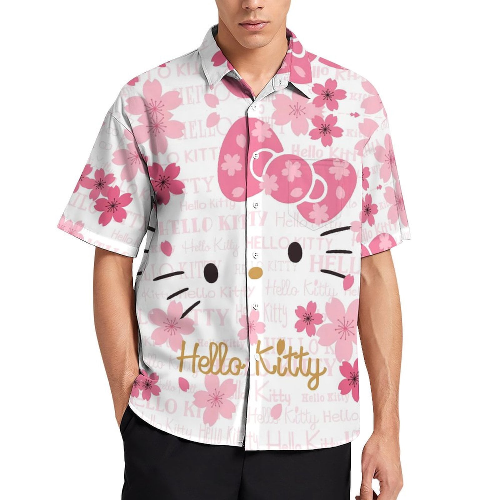 Hello Kitty Men's Shirts Hawaiian Printed Short Sleeve Casual Button ...