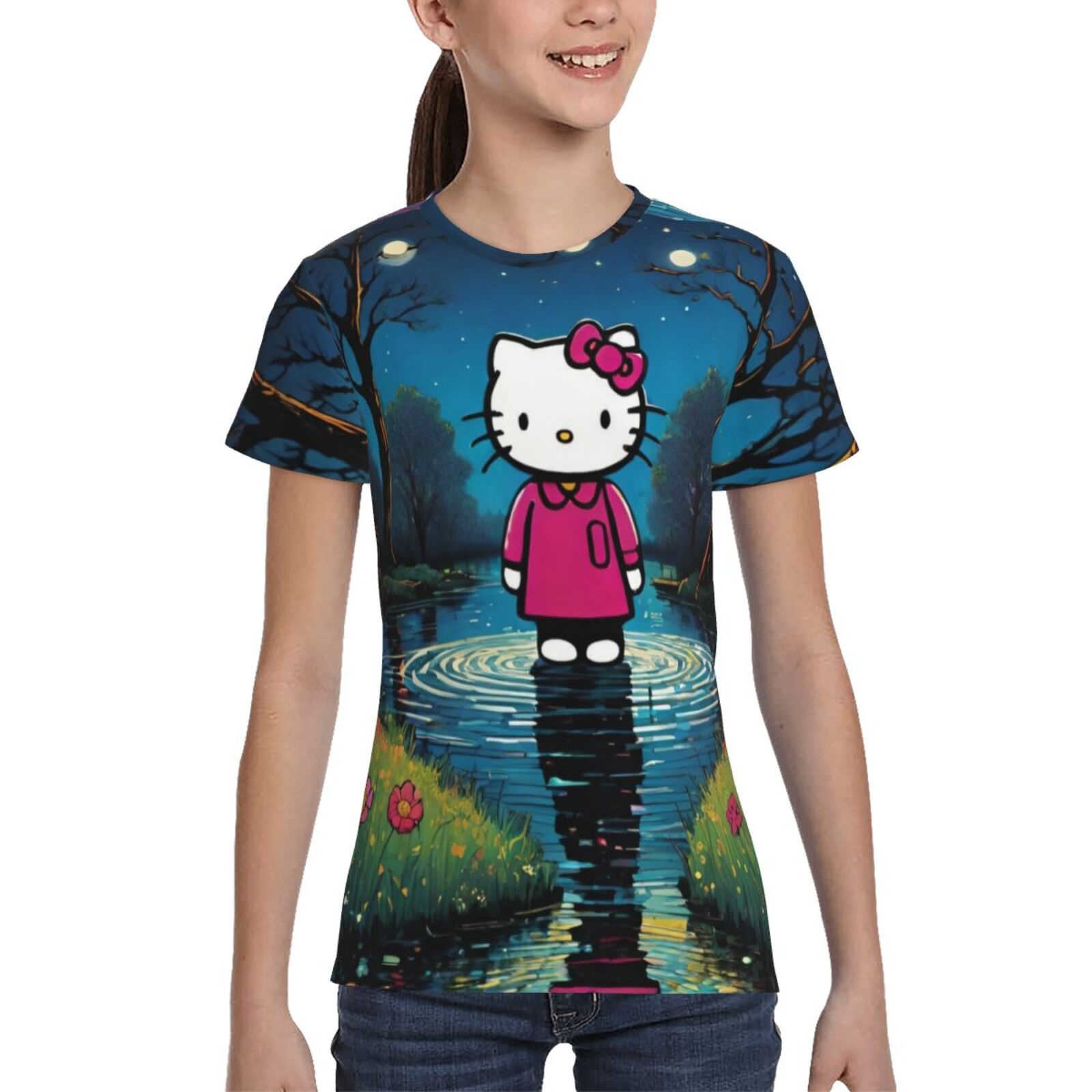 Hello Kitty Oil Painting Youth Shirt,Athletic Short Sleeve Tees Kids Casual Shirt Tops for Boys ...
