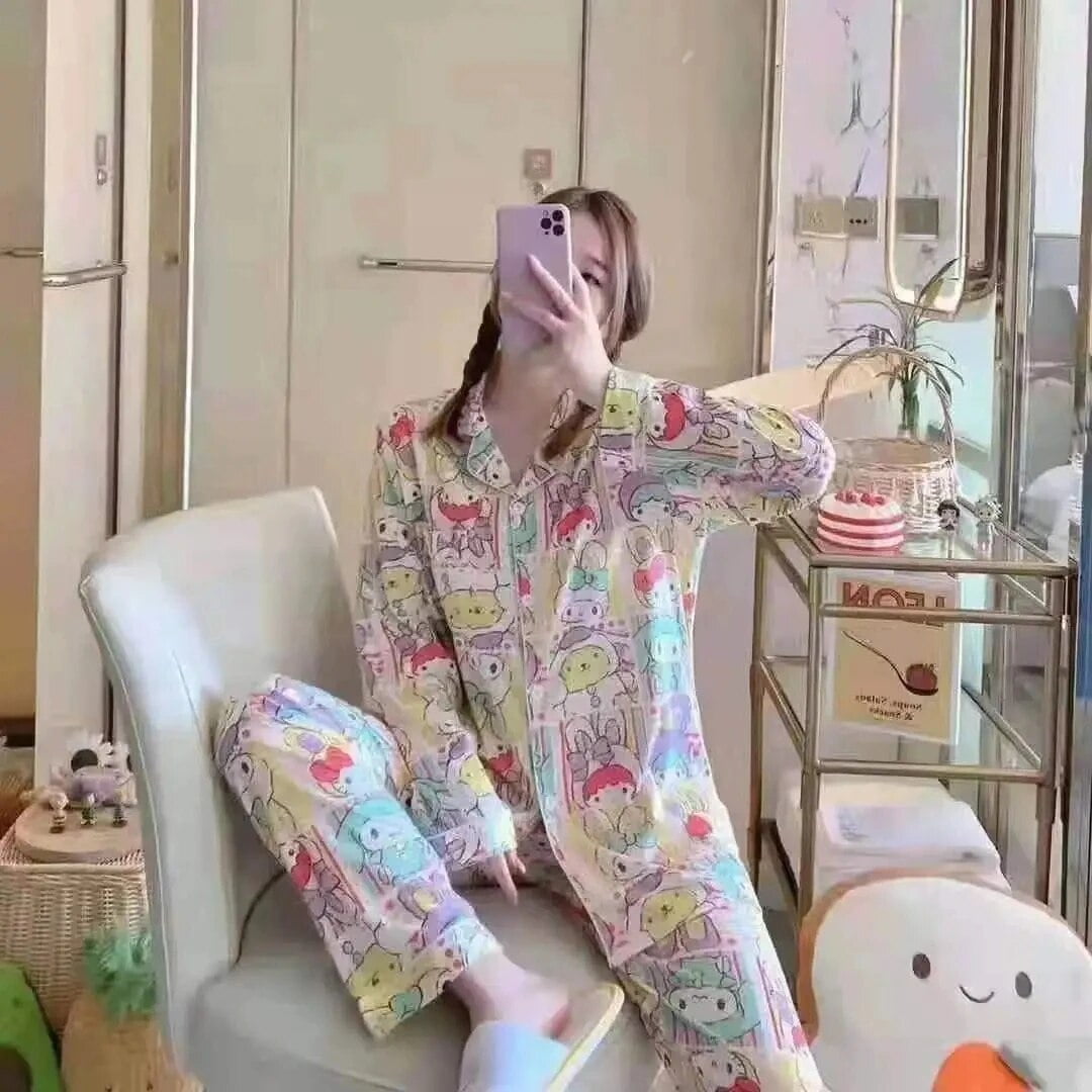 Hello Kitty Pajama Set Kawaii Sanrio Cinnamoroll Women Long Sleeve ...