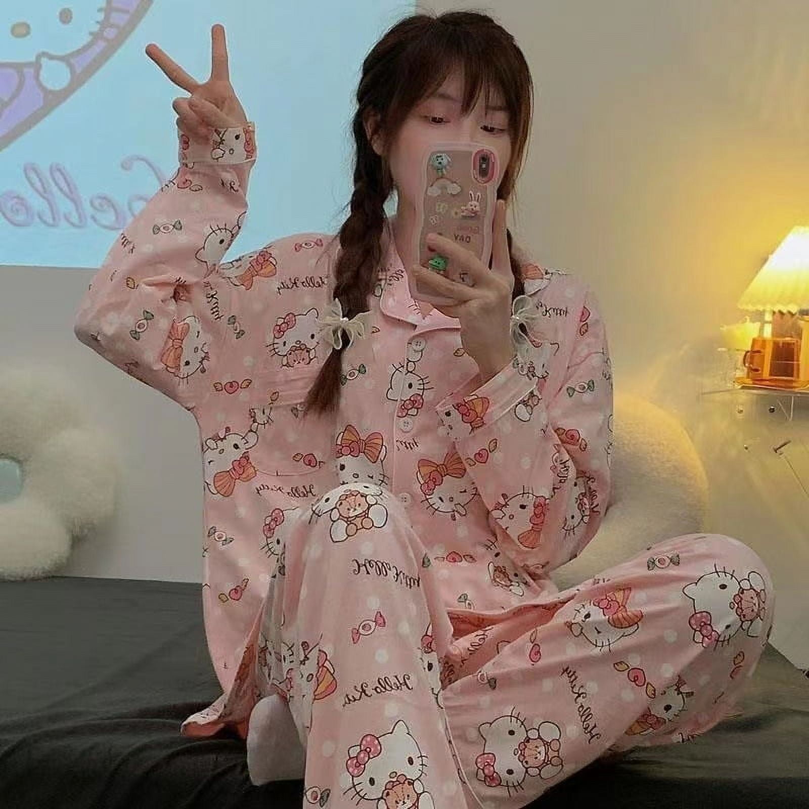 Hello Kitty Pajama Set Kawaii Sanrio My Melody Womens Long Sleeve ...