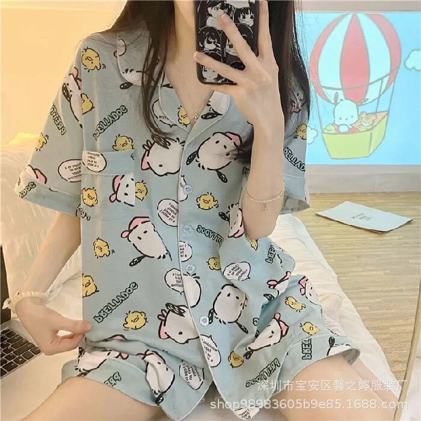 Hello Kitty Pajamas Set Sanrioed Cartoon Kuromi Cinnamoroll Women Cotton Summer Thin Tops Shorts ...