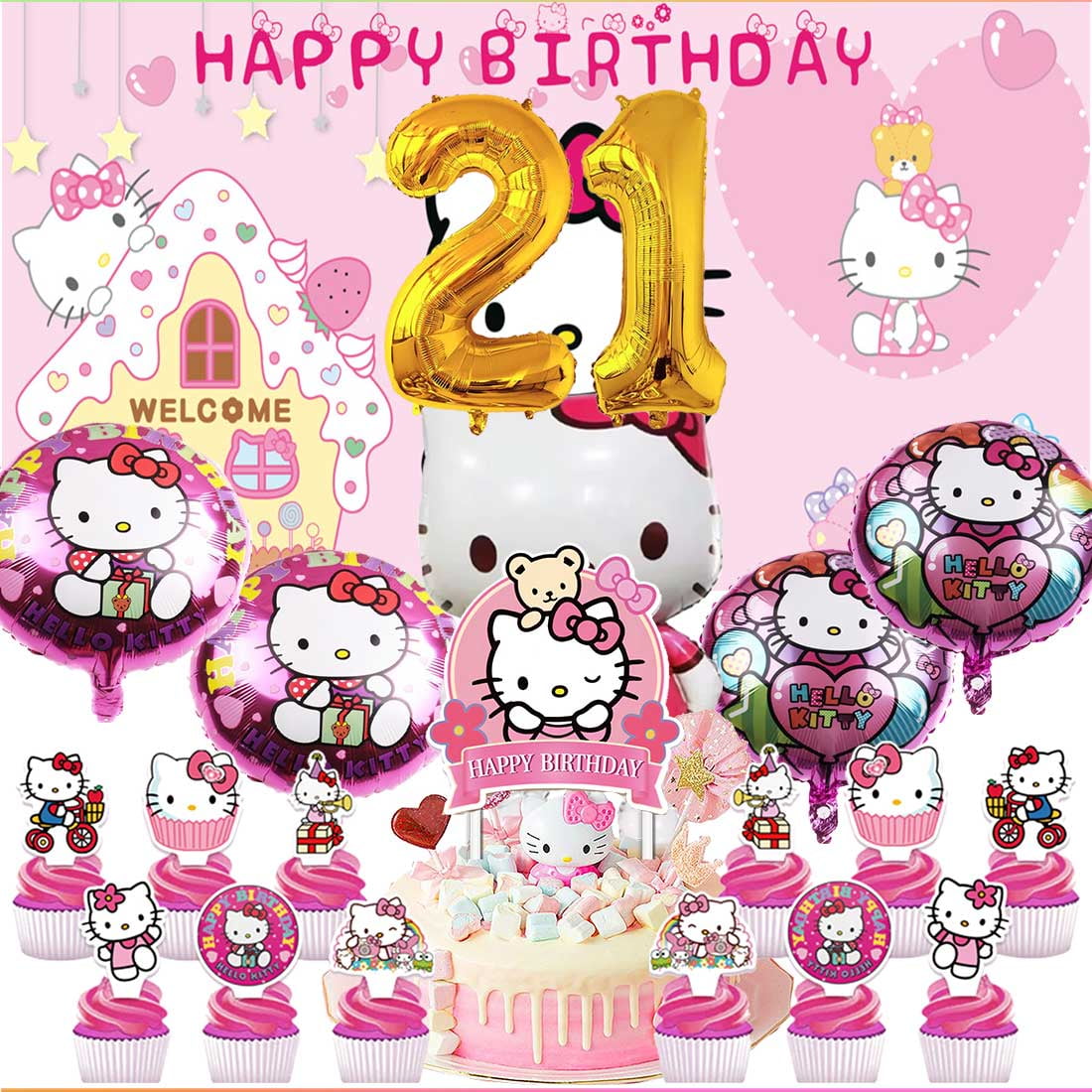 Hello Kitty Party Supplies Decor 21th Kit Balloons Birthday Cake Topper Banner Backdrop ...