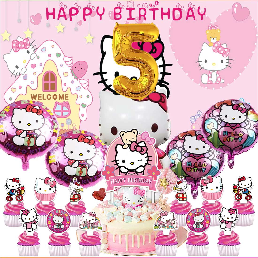 Hello Kitty Party Supplies Decor 5th Kit Balloons Birthday Cake Topper ...