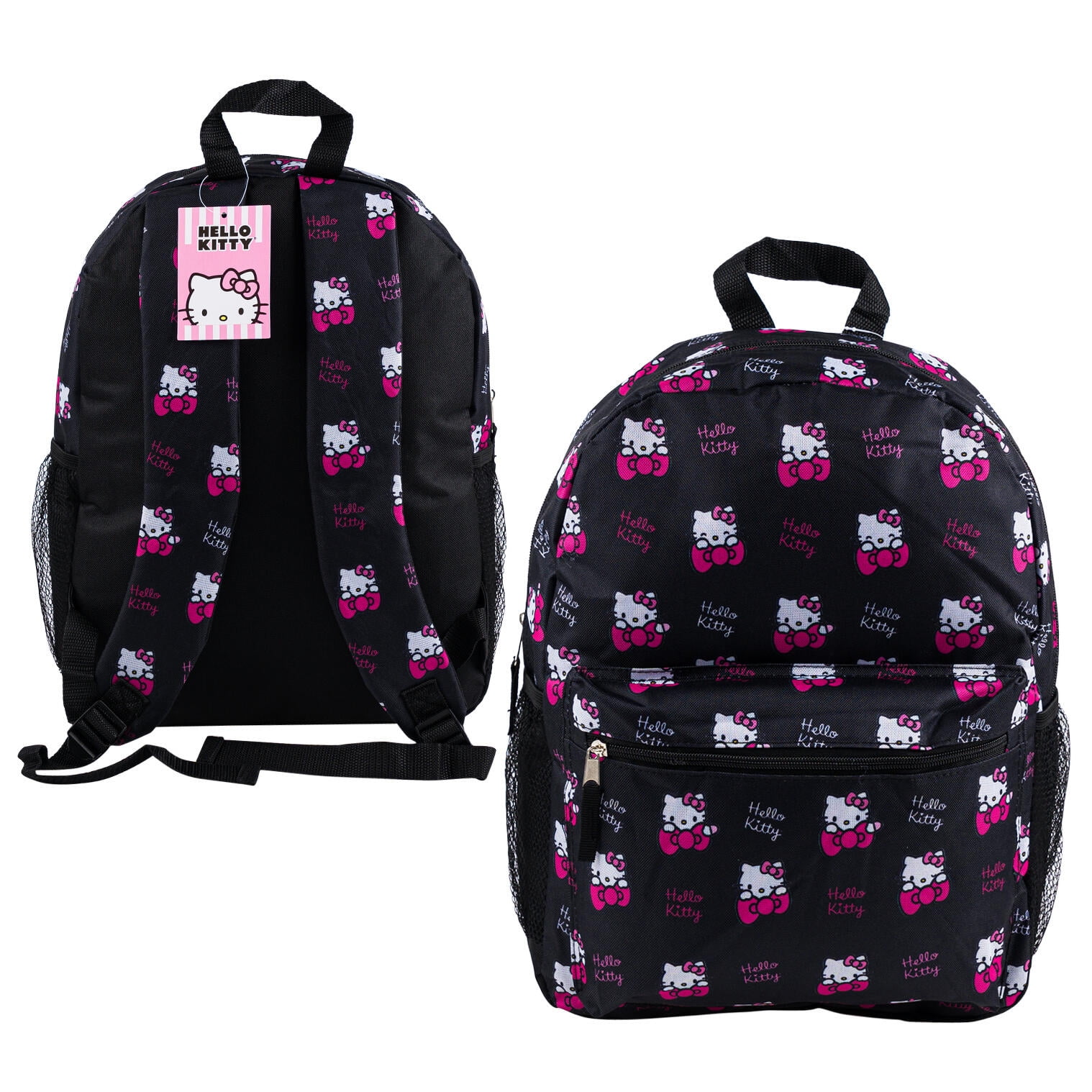 Hello Kitty Kids Backpack - Pink Bow Allover Print, Black, Large 16 ...