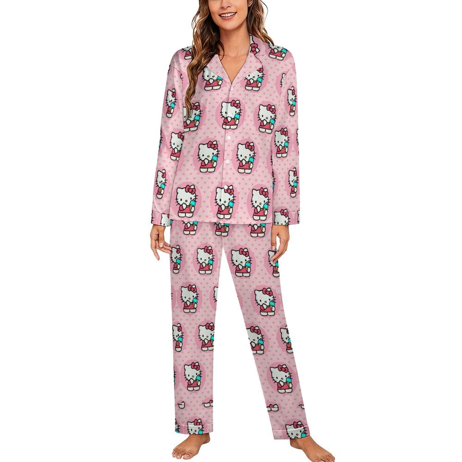Hello Kitty Pink Pajamas for Women Soft Button Up Pajama Set Long ...
