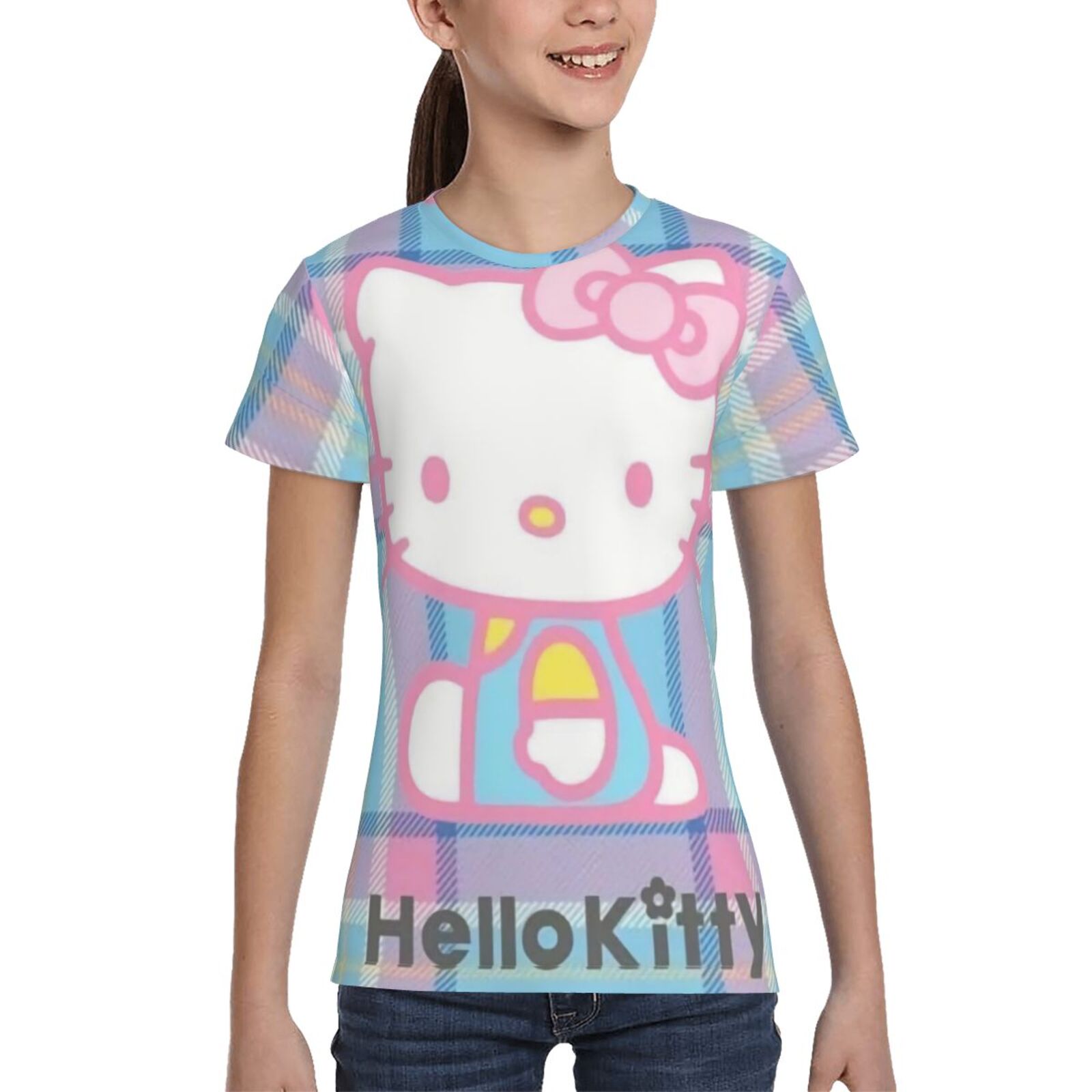 Hello Kitty Plaid Girls Shirts,Cool 3D Graphic Short Sleeve Tee Shirt ...
