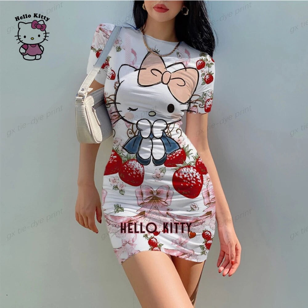 Hello Kitty Print Woman Dresses Elegant Dress Office Tight Slim Lady O ...