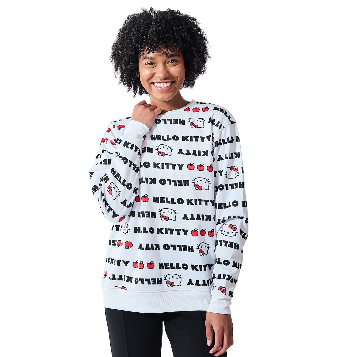 Hello Kitty Repeat Text Women's White Crew Neck Sweatshirt-Large ...