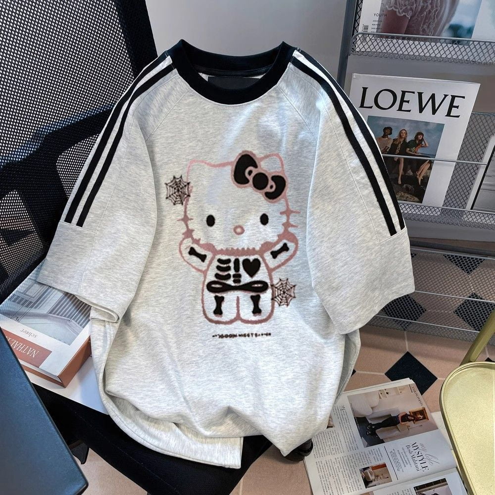 Hello Kitty Sanrio Grey T-shirt Kawaii Cartoon Print Cotton Tops O-neck ...
