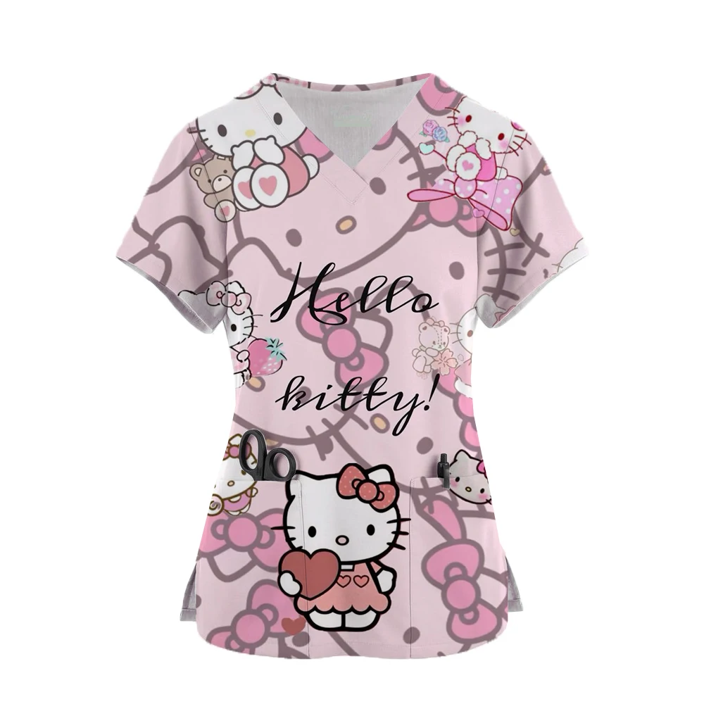 Hello Kitty Sanrio Nurse Uniform Scrubs Tops Womens Cartoon Print Short ...
