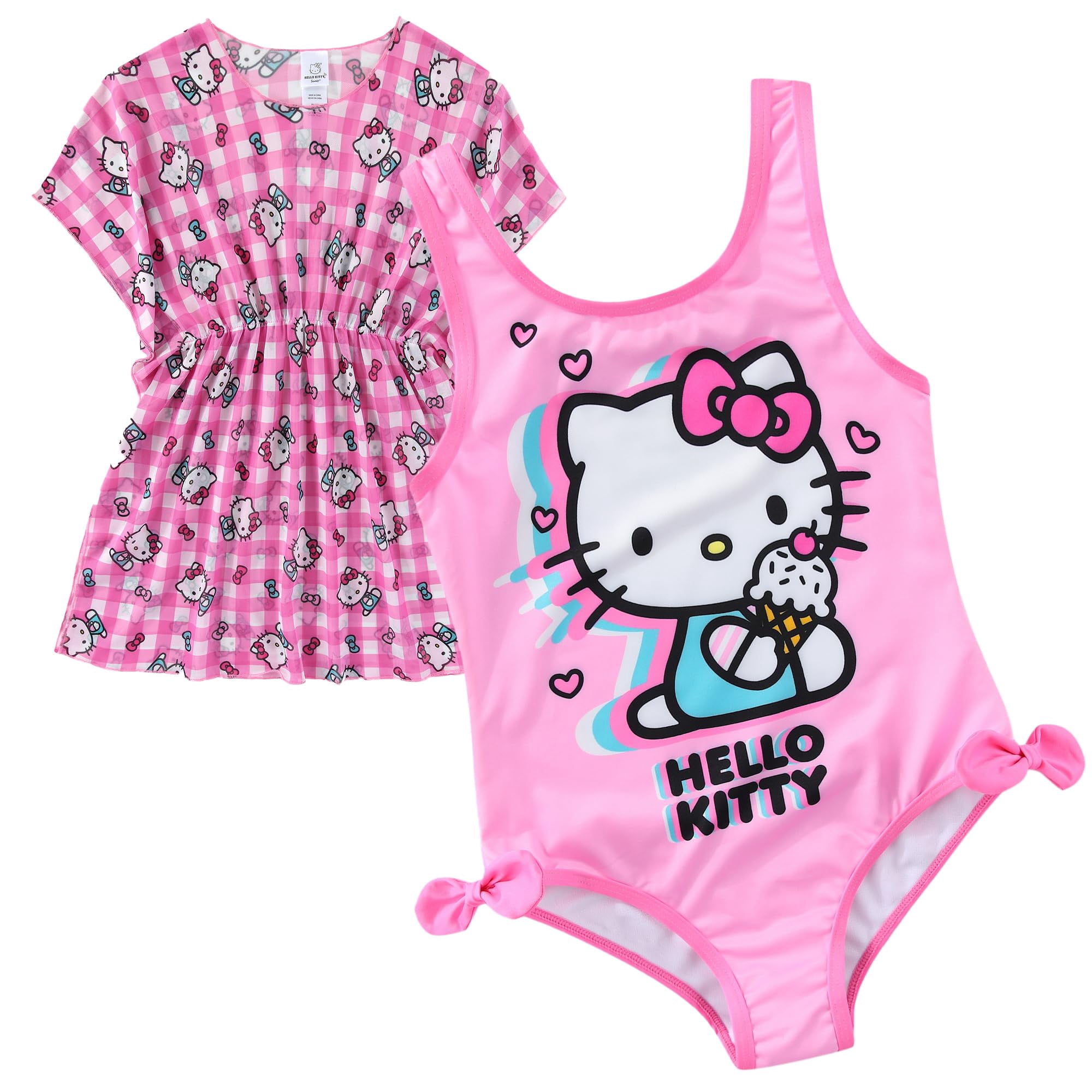 Hello Kitty Sanrio UPF 50+ One Piece Bathing Suit with Mesh Cover-Up ...