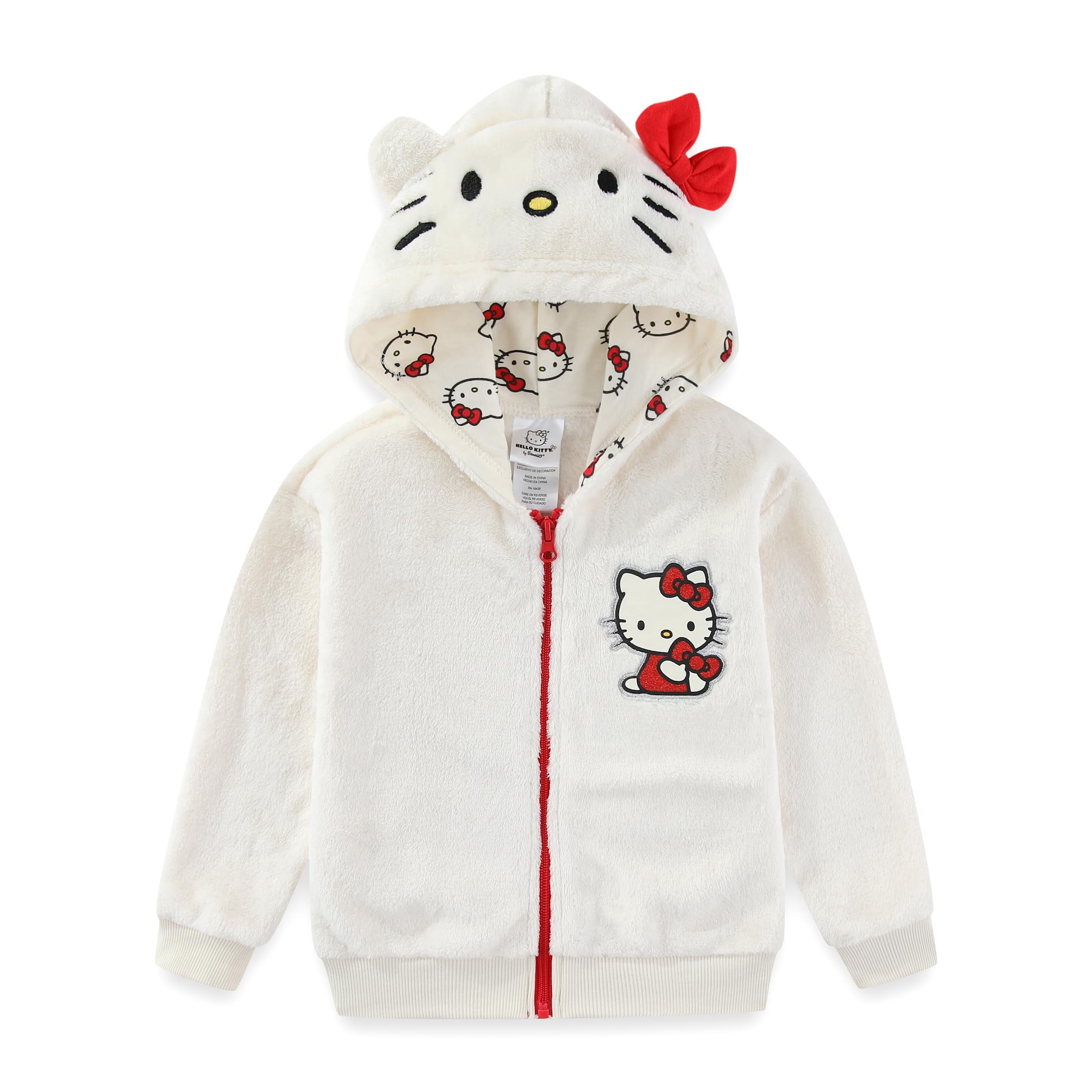 Hello Kitty Sanrio Zip Up Coral Fleece Hoodie with Ears and Bow (Girls ...