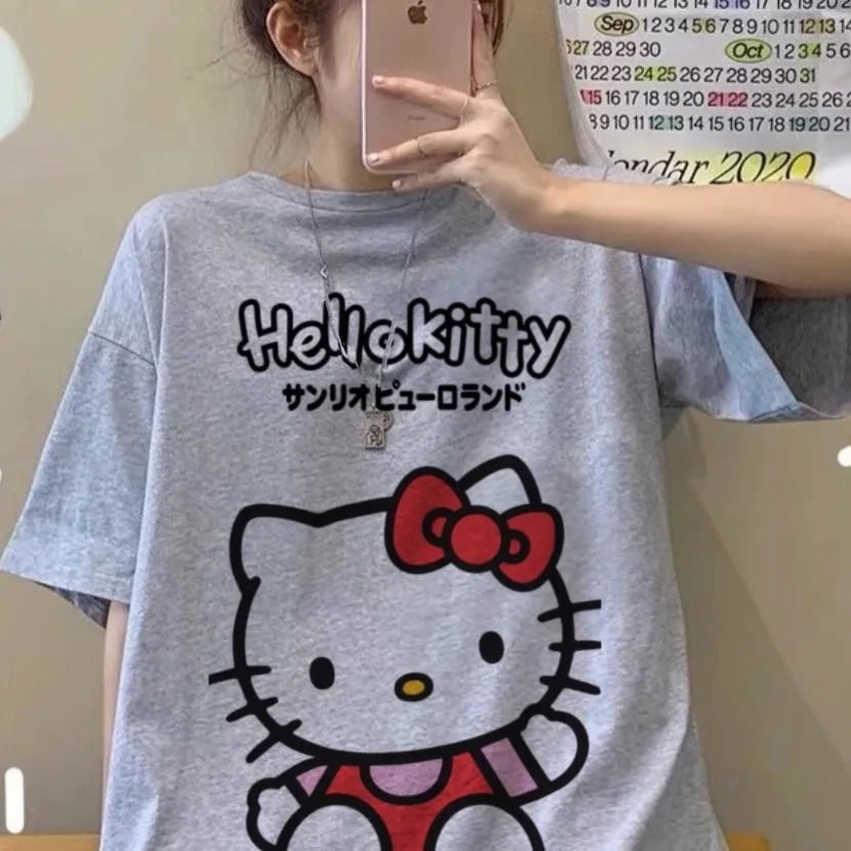 Hello Kitty Shirt Cotton Sanrio Kuromi Short Sleeve T-Shirt Korean ...