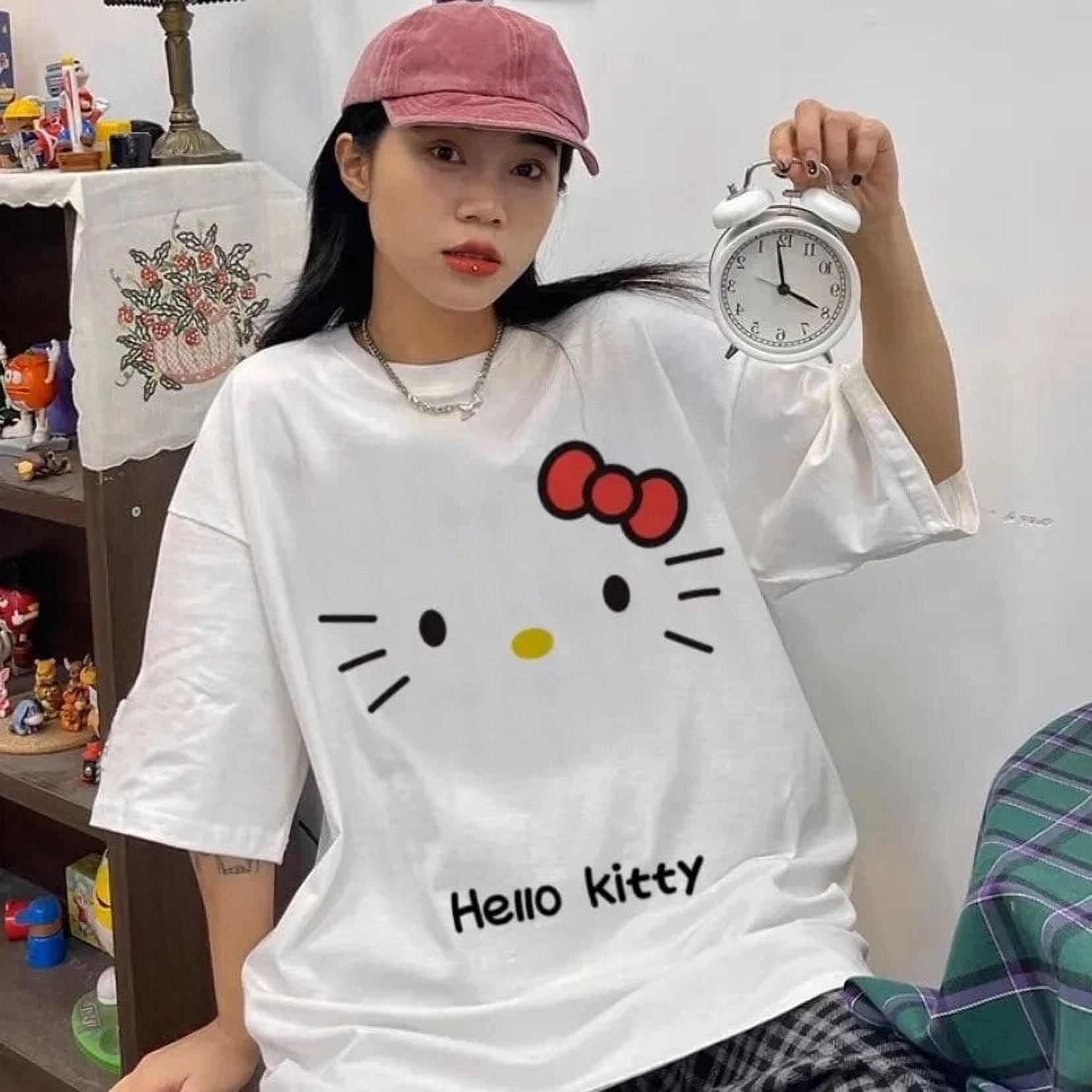Hello Kitty Shirt Kawaii Pink Cartoon Print T Shirts Women Sweet Korean ...