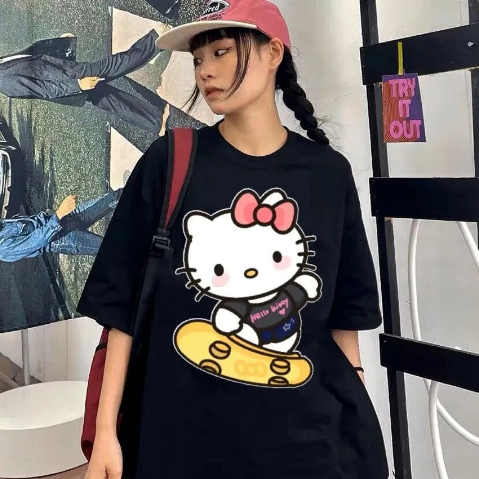 Hello Kitty Shirt Kawaii Pink Cartoon Print T Shirts Women Sweet Korean ...