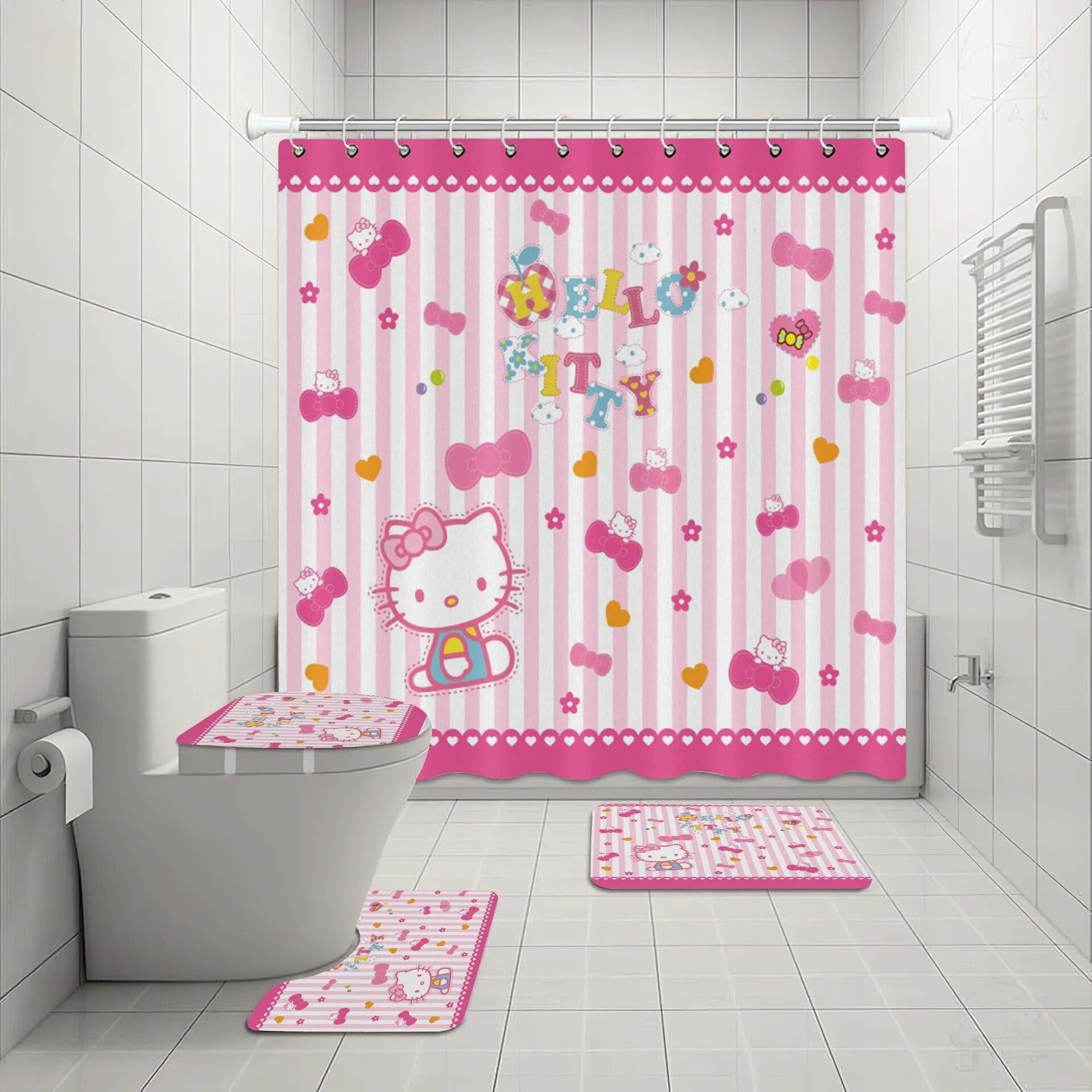 Hello Kitty Shower Curtain Set Sanrio Anime Printing Water Proof Shower ...